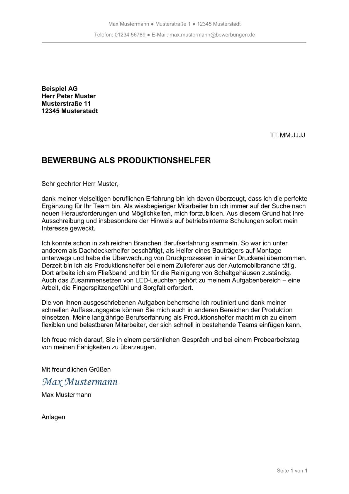 Bewerbung Als Produktionshelfer Muster Word